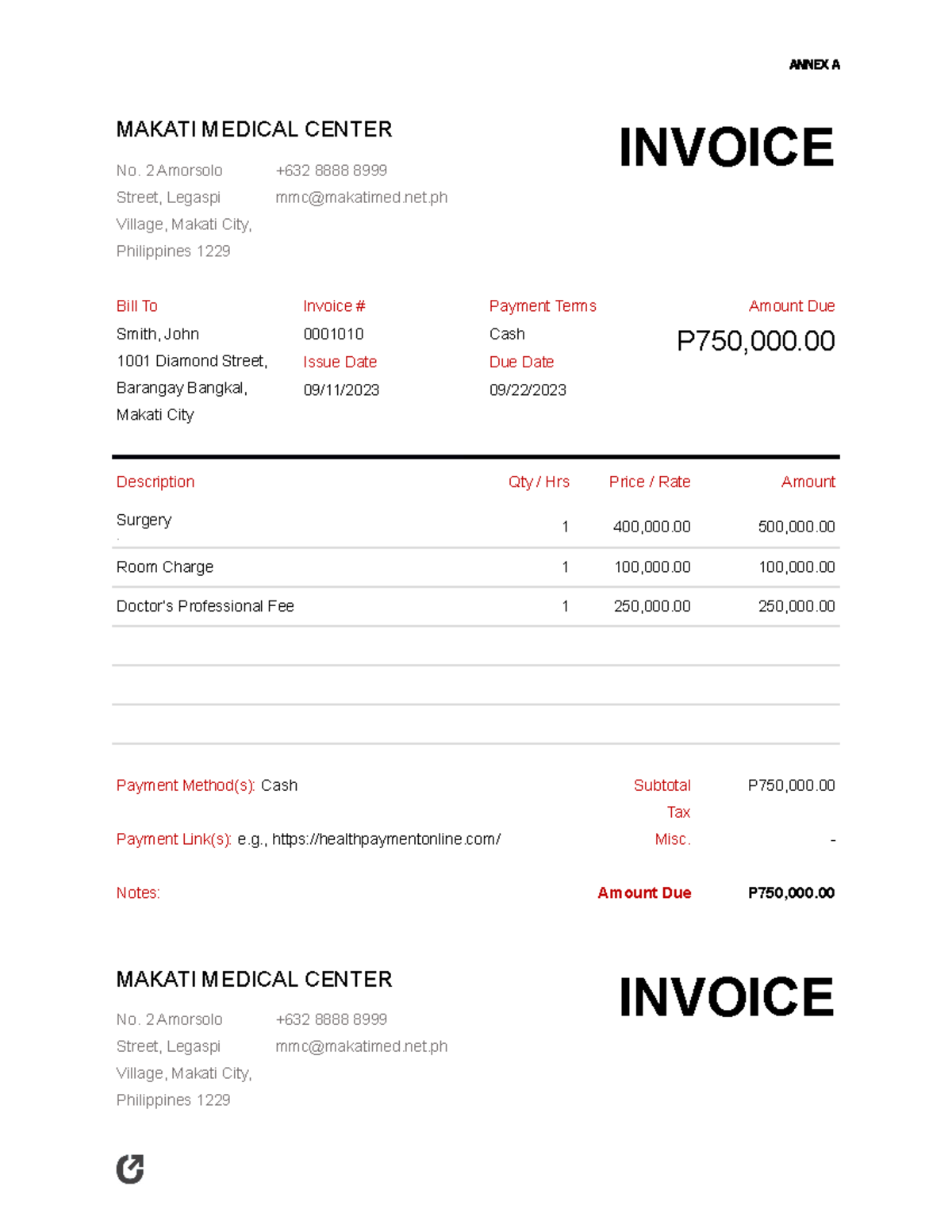 Annex B Hospital Invoice - ANNEX A MAKATI MEDICAL CENTER INVOICE No. 2 ...