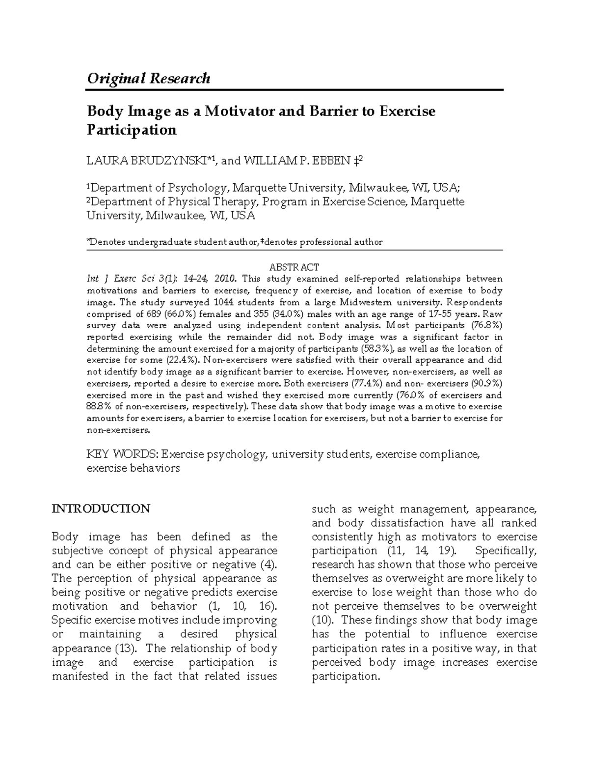 Body Image and Exercise - Original Research Body Image as a Motivator ...