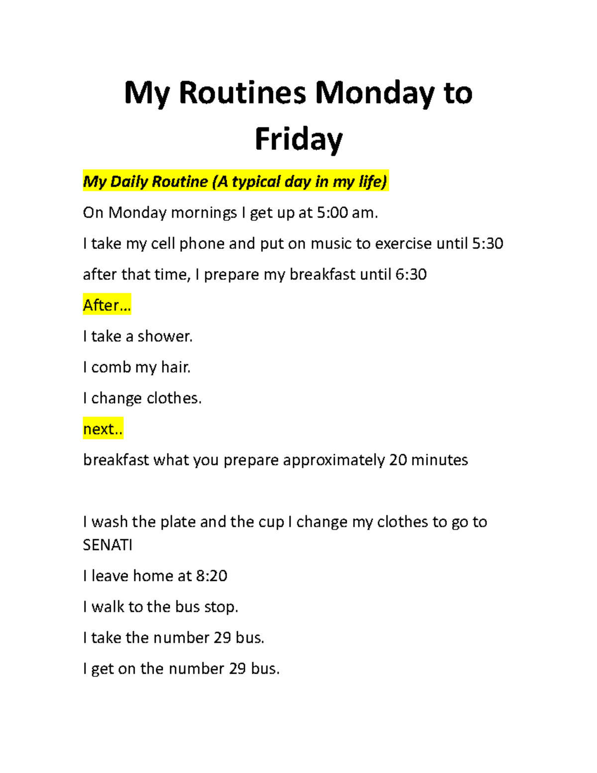 My Routines - Inglés primer semestre - My Routines Monday to Friday My ...