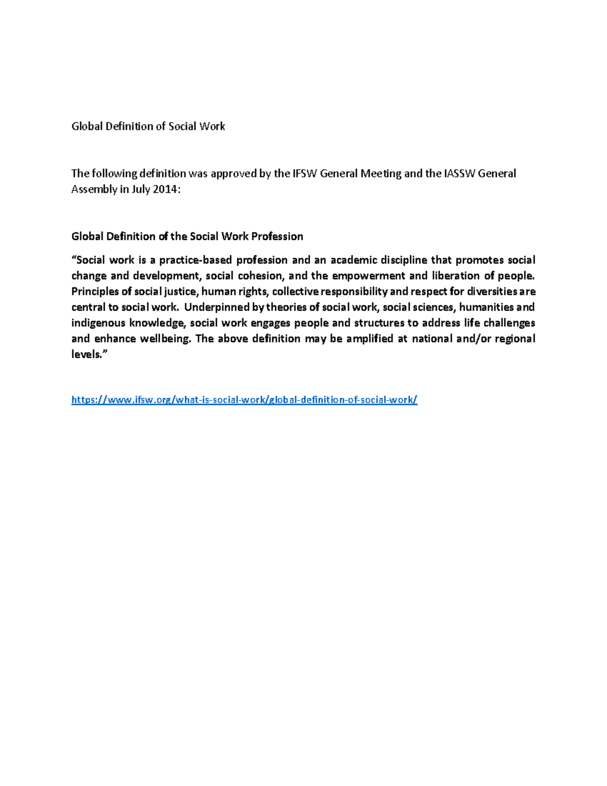 Global Definition of Social Work - Principles of social justice, human rights, collective - Studocu
