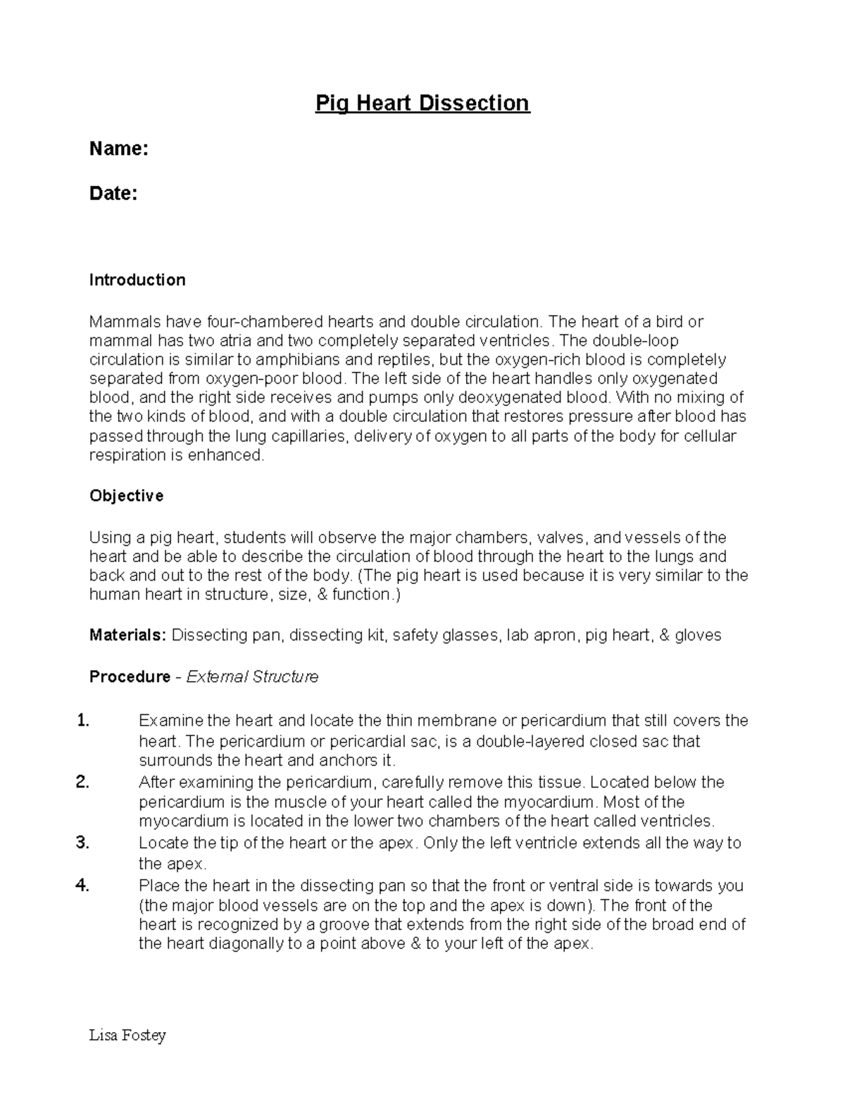 8-1-11 - Pig Heart Dissection - Lesson - Pig Heart Dissection Name ...