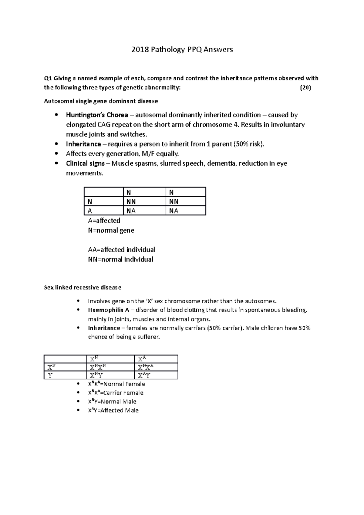 2018 January Pathology PPQ answers - 2018 Pathology PPQ Answers Q1 Giving a named example of ...