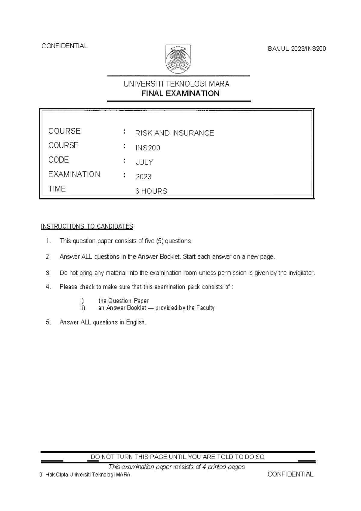 Faculty Business Management 2023 Session 2 - PRA- Diploma DAN Diploma INS200 - CONFIDENTIAL ...
