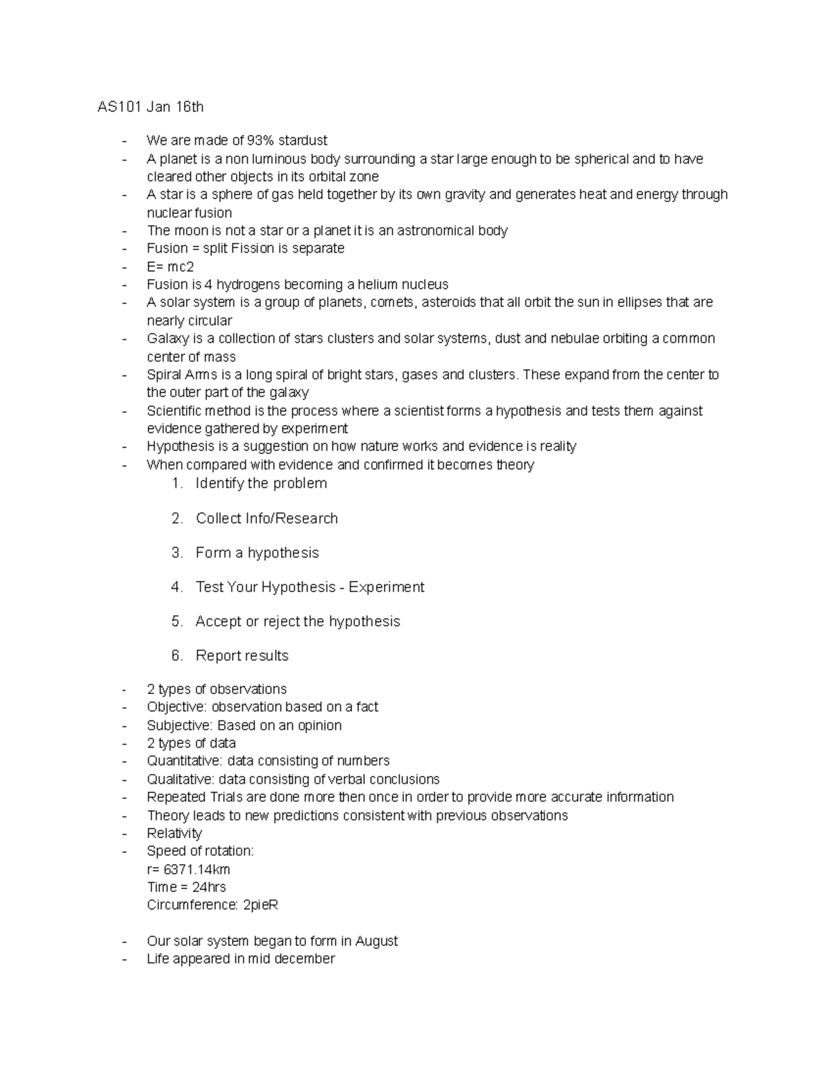 AS101 notes - AS101 Jan 16th - We are made of 93% stardust - A planet ...