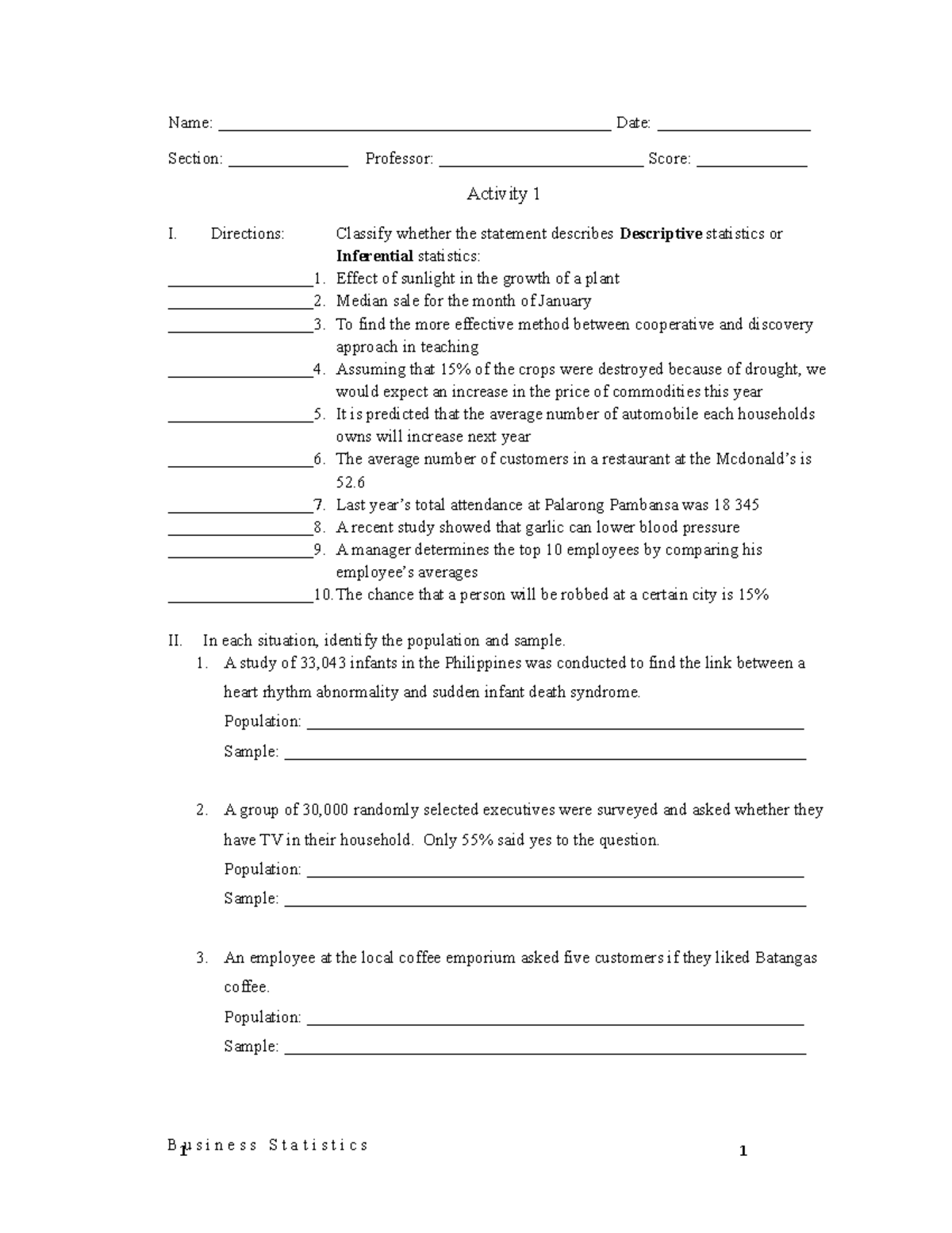 Business Statistics -M1-Activity 1 - Name
