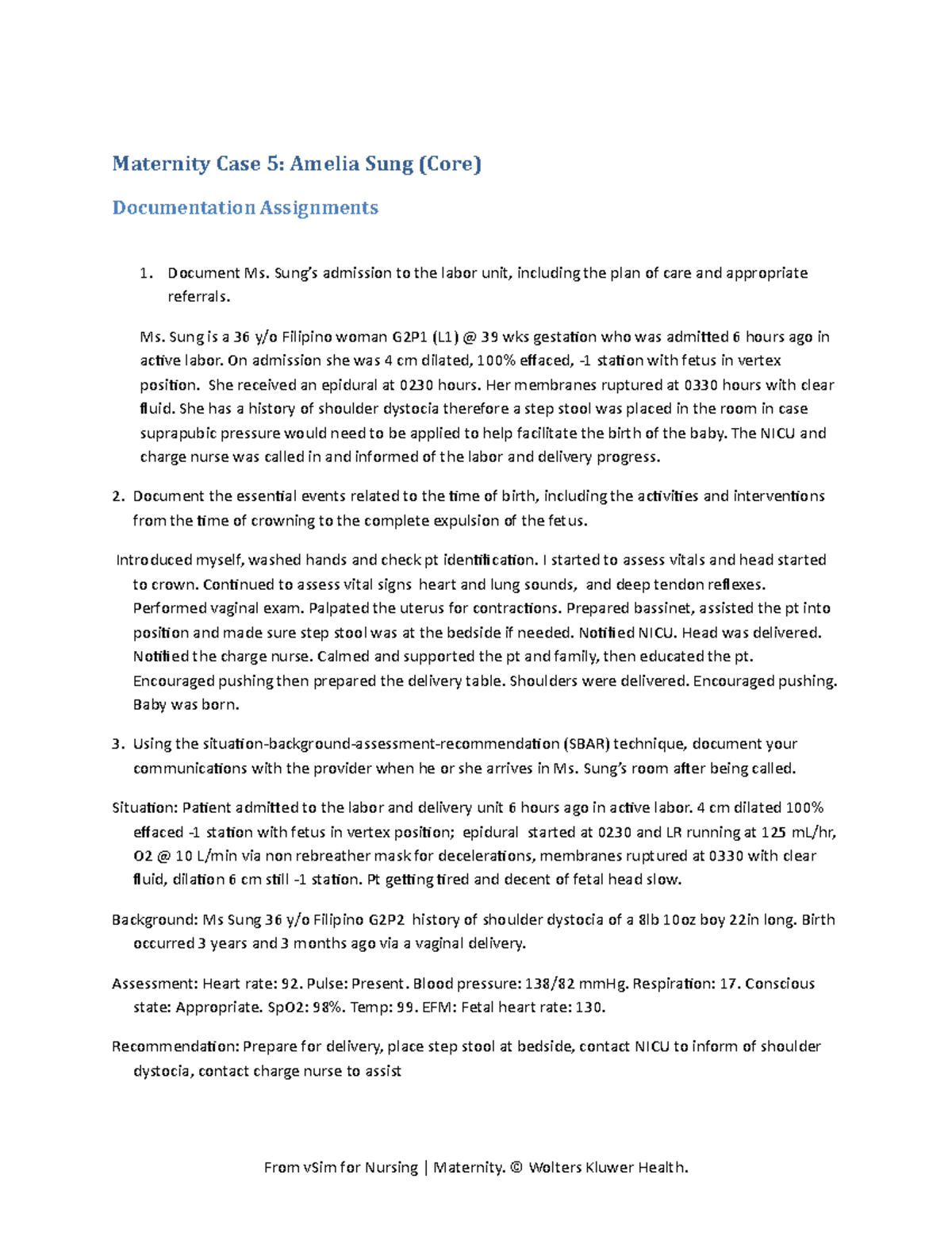 Maternity Case 05 Amelia Sung Core Documentation Assignment - Maternity ...