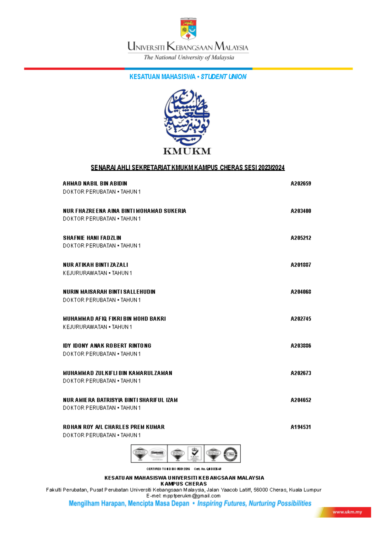 Sekretariat Kmukm - KESATUAN MAHASISWA • STUDENT UNION SENARAI AHLI ...