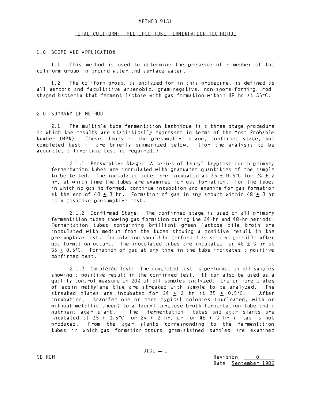 9131 - 9131 1 CD-ROM Revision 0 METHOD 9131 TOTAL COLIFORM: MULTIPLE ...