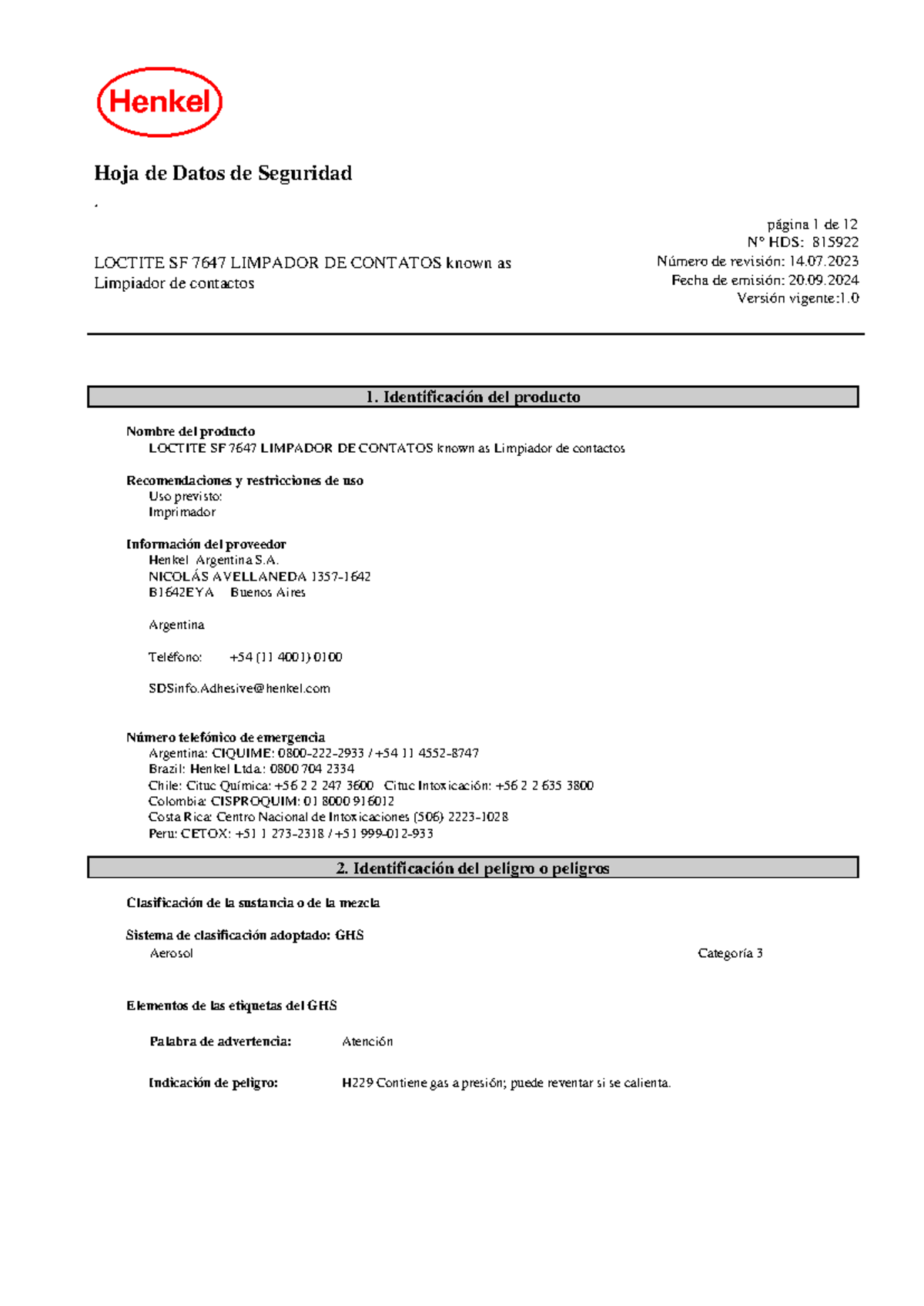 Limpiador SF 7647 323590 Loctite X220ML - Hoja de Datos de Seguridad ...