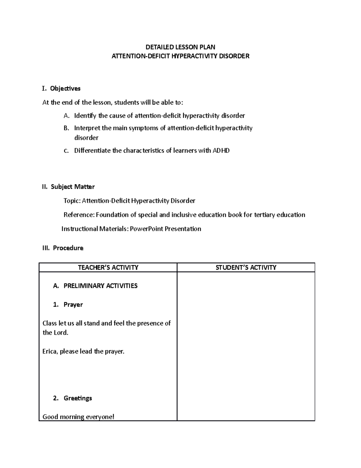 Detailed Lesson PLAN FSIE - DETAILED LESSON PLAN ATTENTION-DEFICIT ...