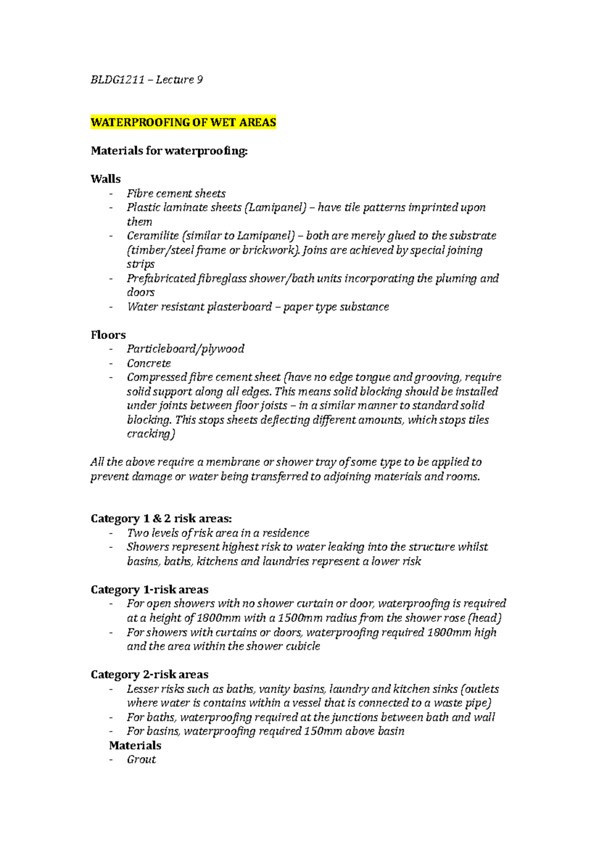 Summary - lecture 9 - Waterproofing and stairs - BLDG1211 – Lecture 9 ...