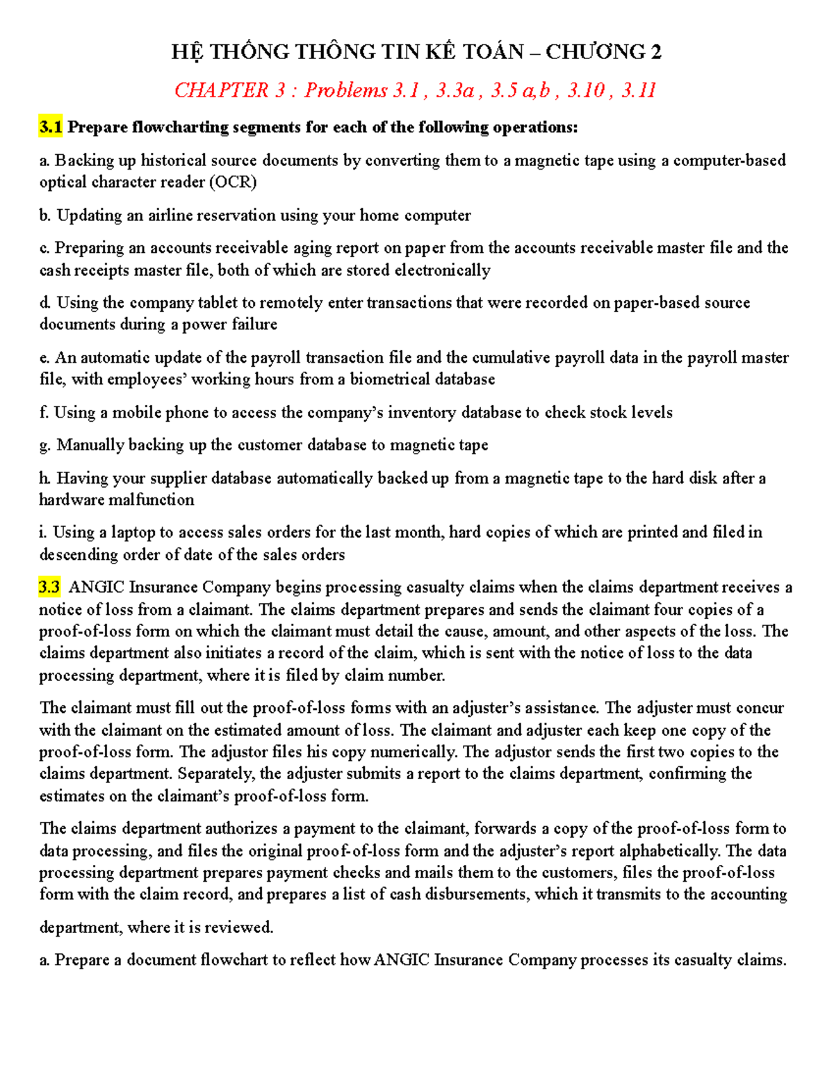 Htttkt - tham khảo - HỆ THỐNG THÔNG TIN KẾ TOÁN – CHƯƠNG 2 CHAPTER 3 : Problems 3 , 3 , 3 a,b ...