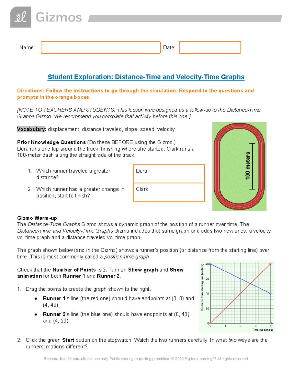 Distance Time Velocity SEm - Name: Date: Student Exploration: Distance ...