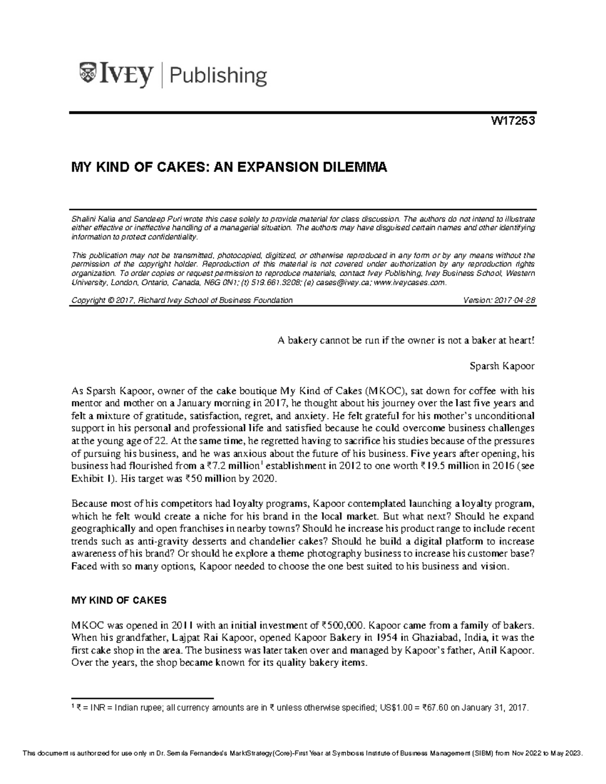 MKOC - Harvard case study - W MY KIND OF CAKES: AN EXPANSION DILEMMA ...