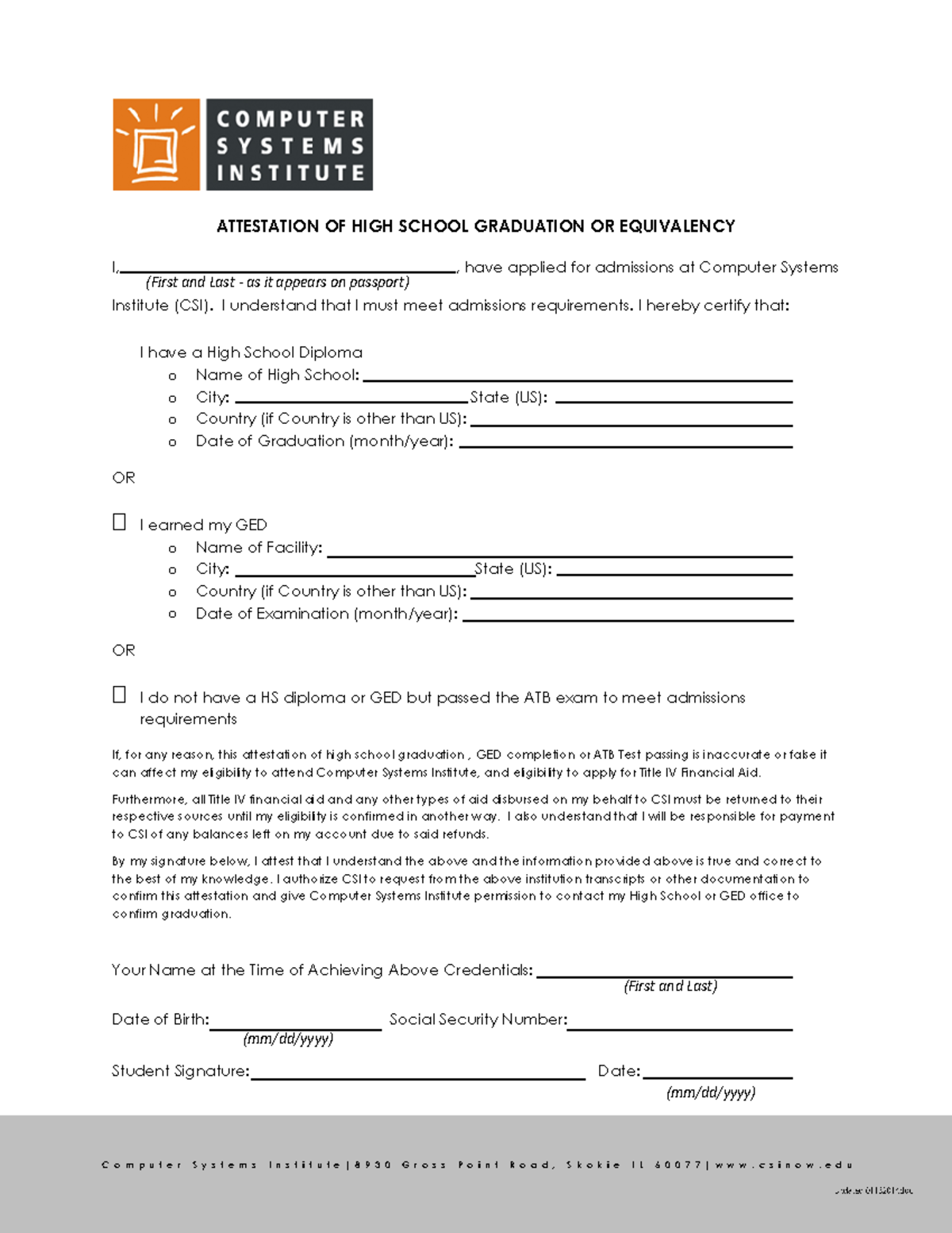 Attestation OF HIGH School Graduation OR Equivalency 051616 - C o m p u ...