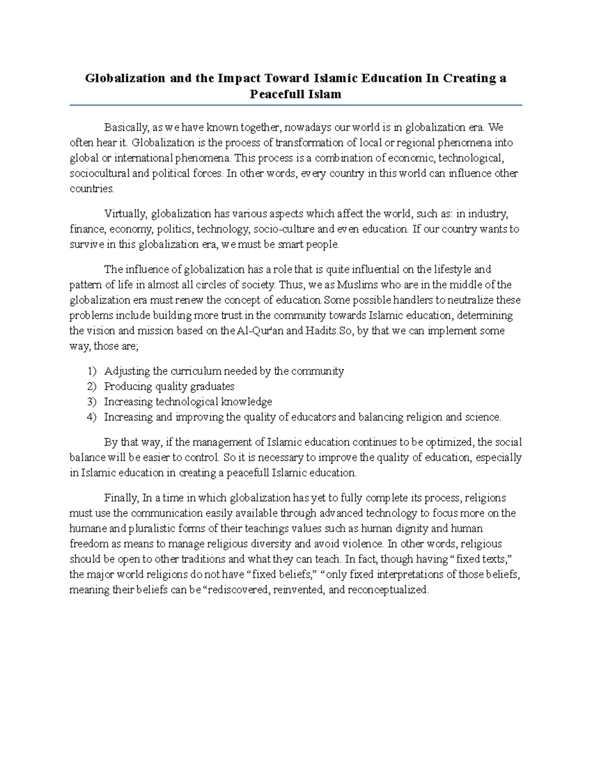 Globalization and the Impact Toward Islamic Education In Creating a ...