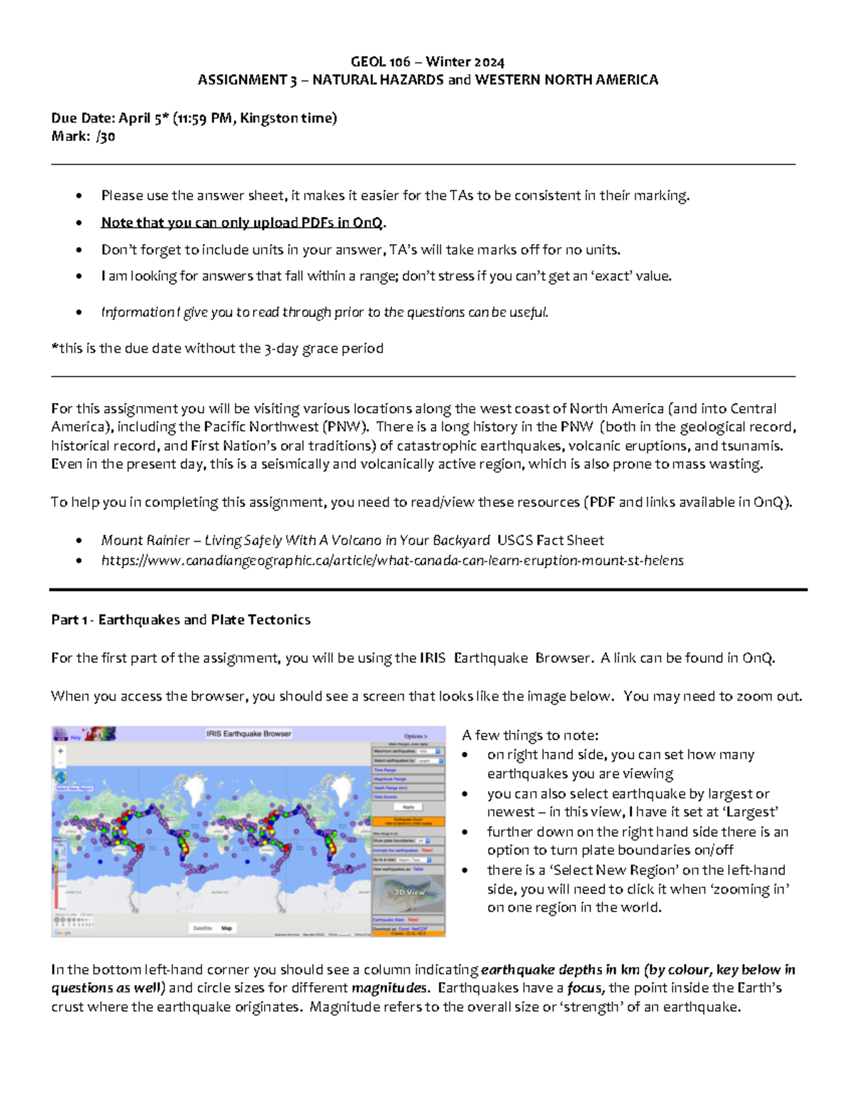 GEOL 106 - Assignment 3 - Winter 2024 - GEOL 106 – Winter 2024 ...