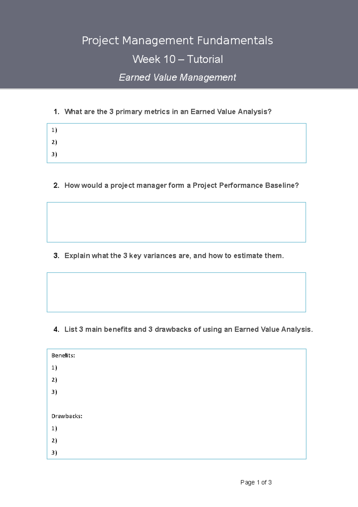 Week 10 Tutorial Task - EVM final - Project Management Fundamentals Week 10 – Tutorial Earned ...