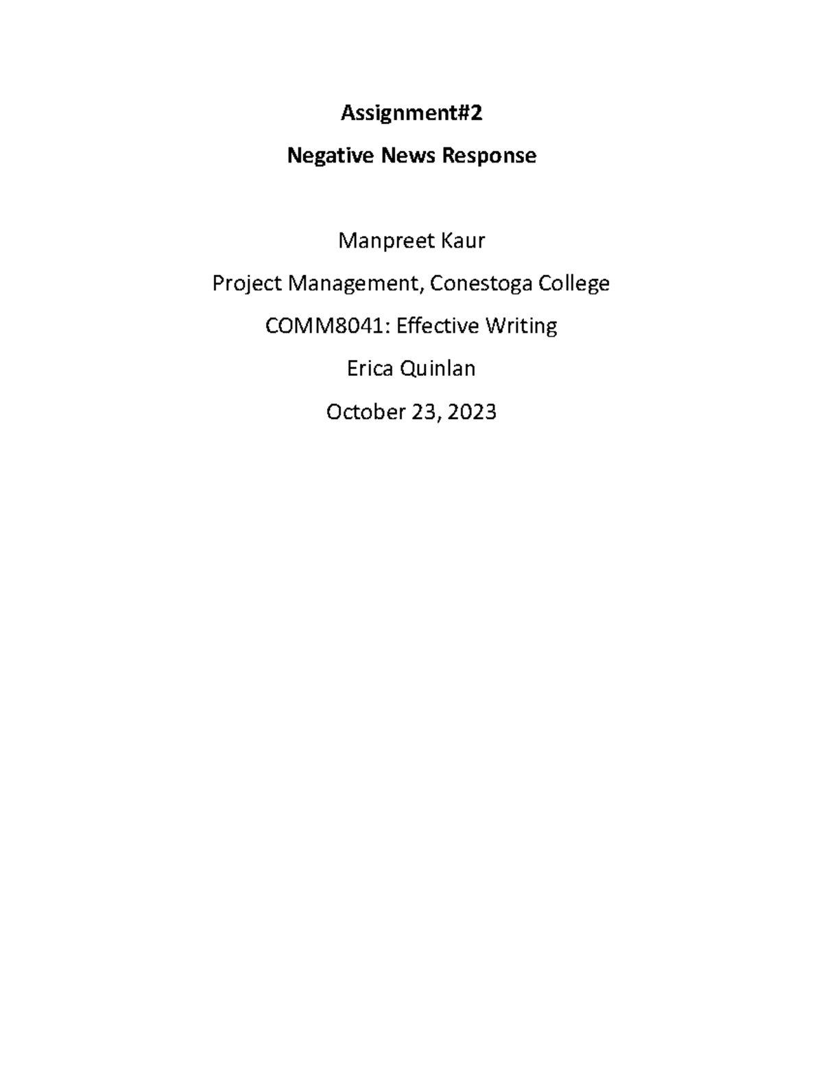 Negative email - Assignment# Negative News Response Manpreet Kaur ...