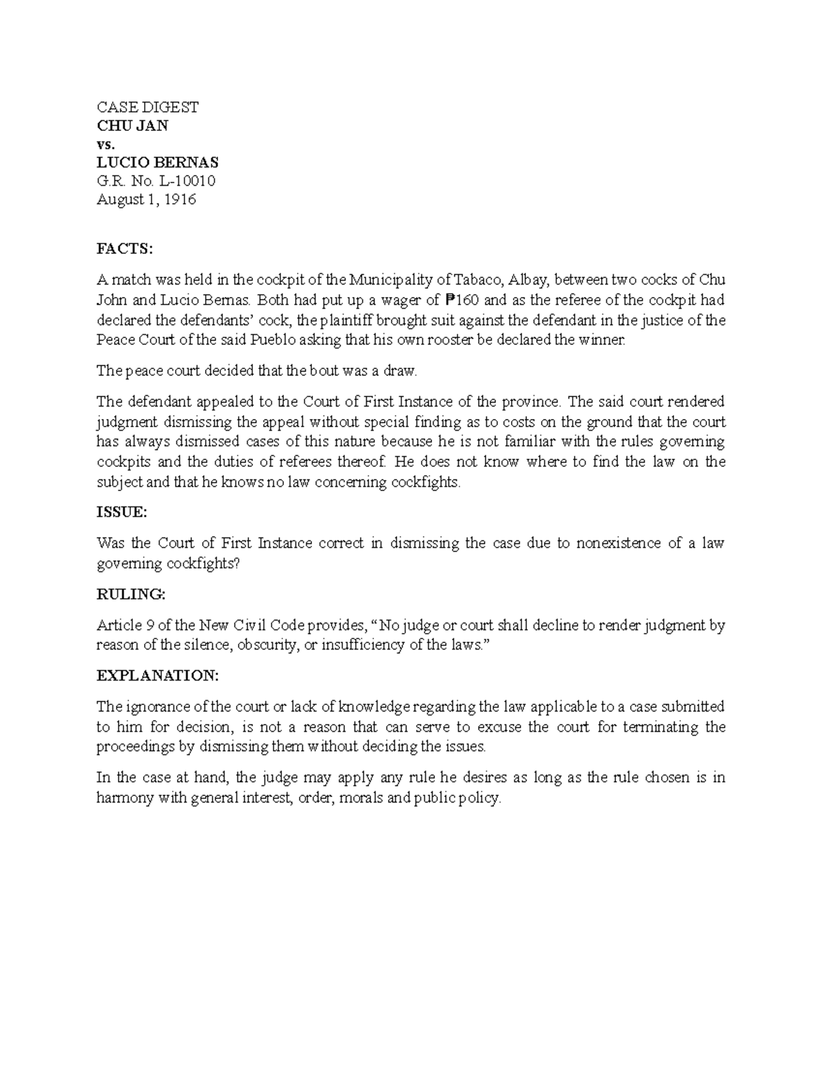 Case Digest Chu Jan vs. Bernas G.R.No. L-10010 - CASE DIGEST CHU JAN vs ...