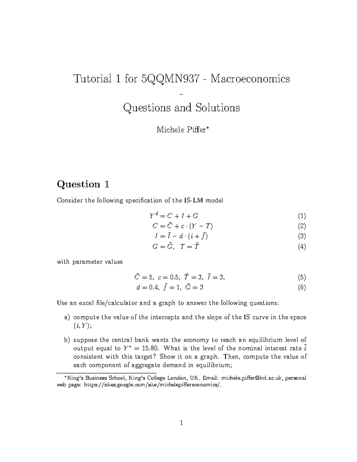 5QQMN937 tutorial solutions - Tutorial 1 for 5QQMN937 - Macroeconomics - Questions and Solutions ...