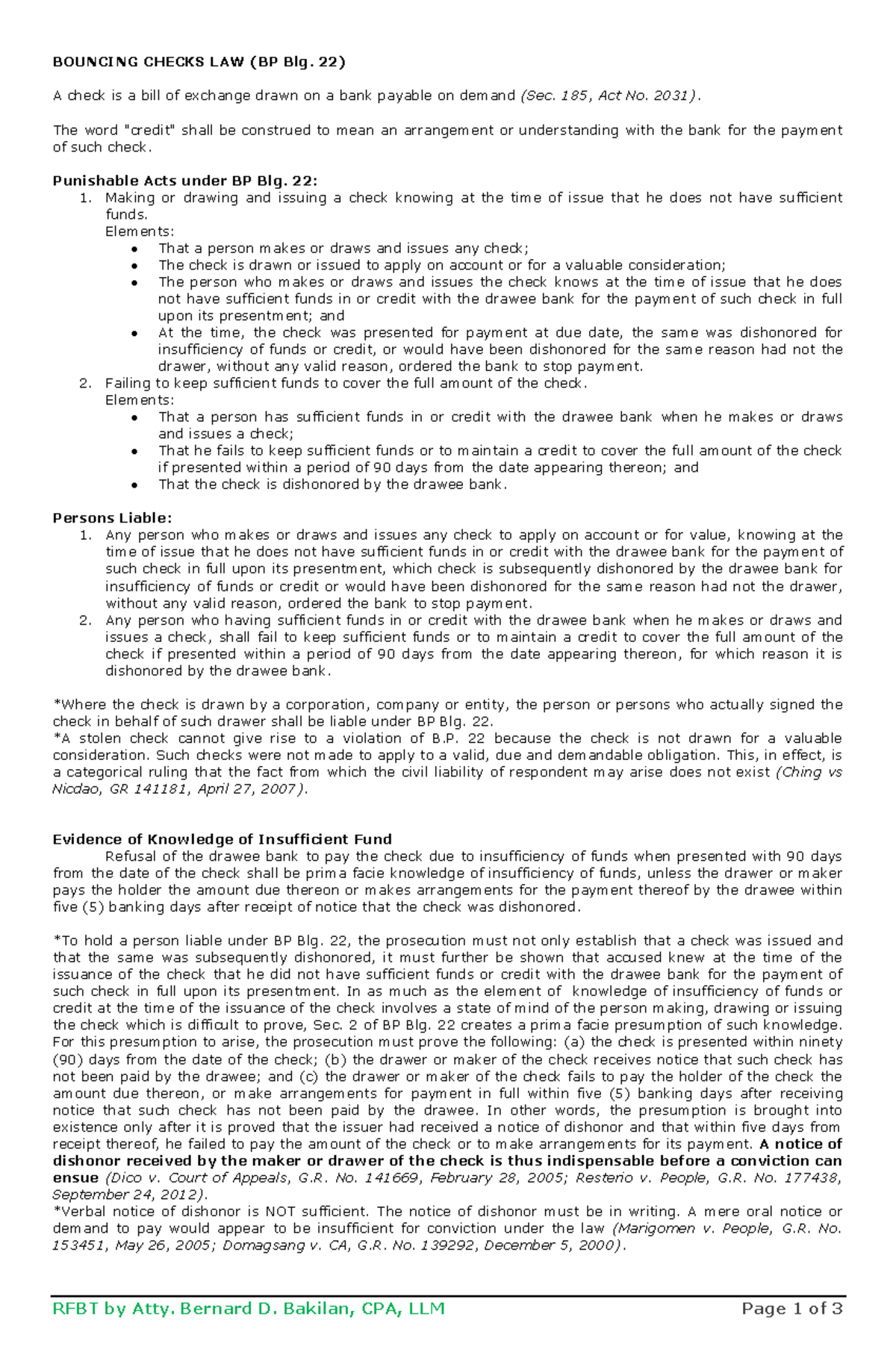 04 Bouncing Check Law - RFBT by Atty. Bernard D. Bakilan, CPA, LLM Page ...