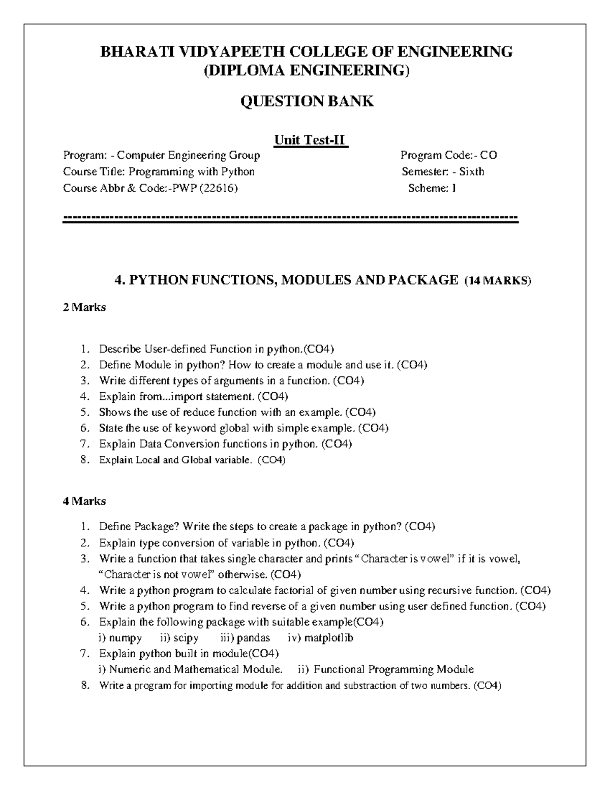 PWP 22616 QB Unit Test II - BHARATI VIDYAPEETH COLLEGE OF ENGINEERING ...