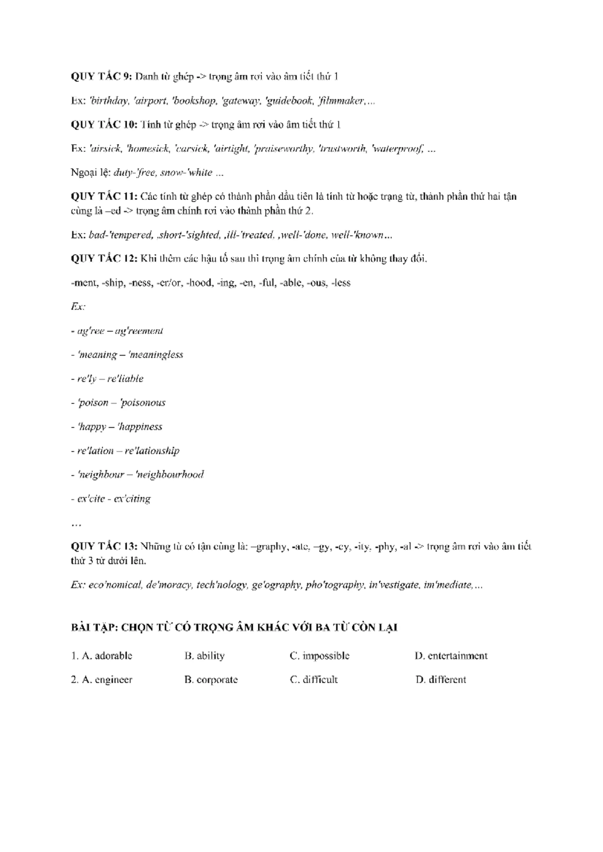 QTTA p2 - QTTA p2 - QUY TAC 9: Danh tü ghép trong âm roi vao âm tiêt thú 1 Ex: QUY TAC 10: Tính ...