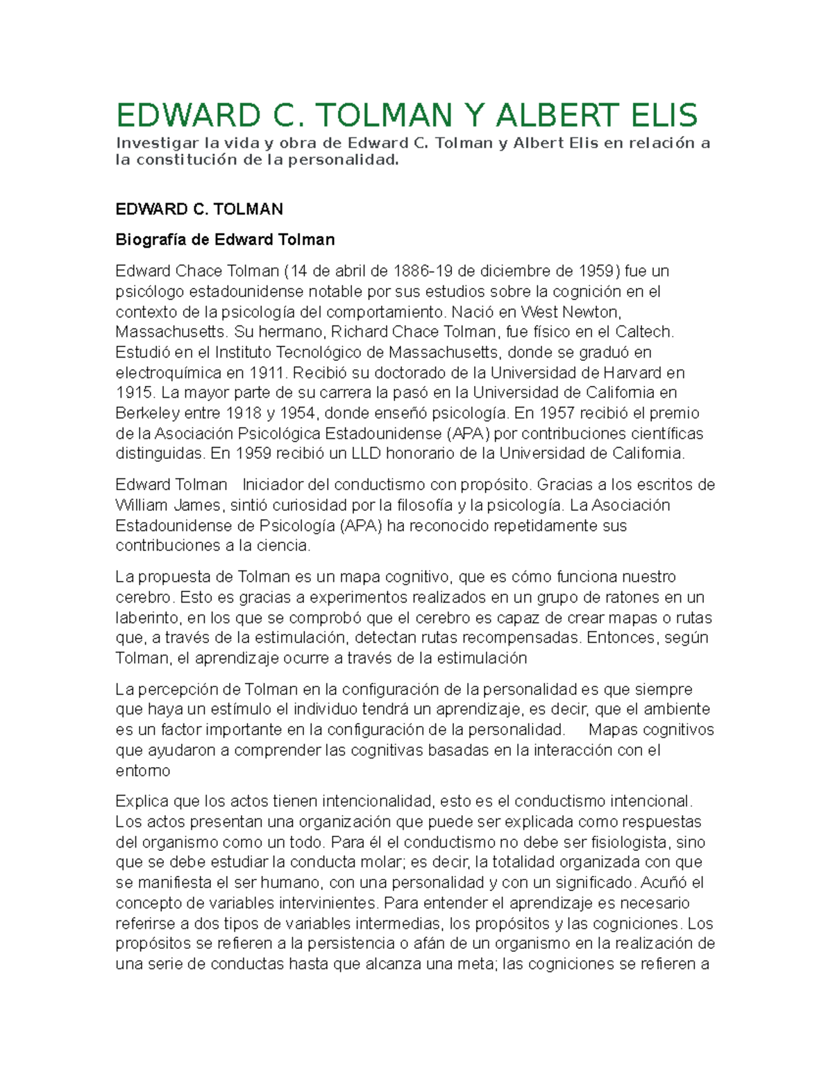 Edward C. Tolman Y Albert ELIS ( Investigacion) - EDWARD C. TOLMAN Y ...