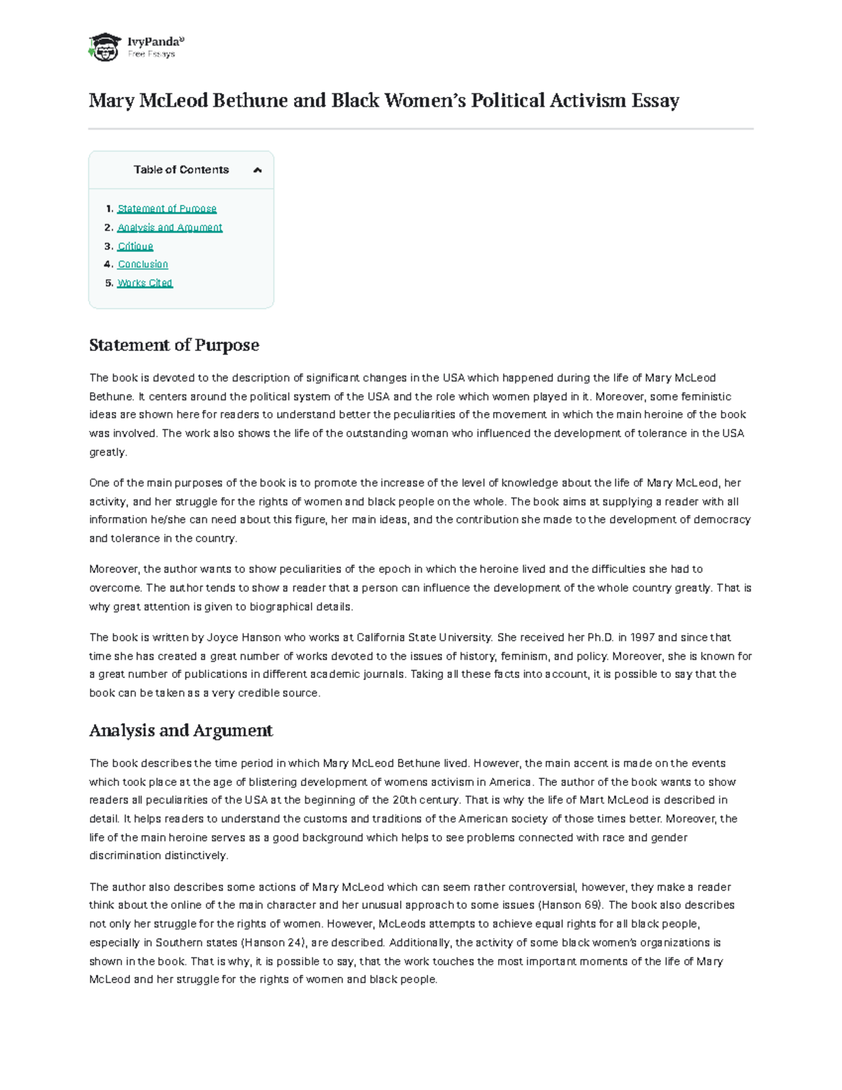 Mary Mc Leod Bethune and Black Women's Political Activism - 880 Words ...