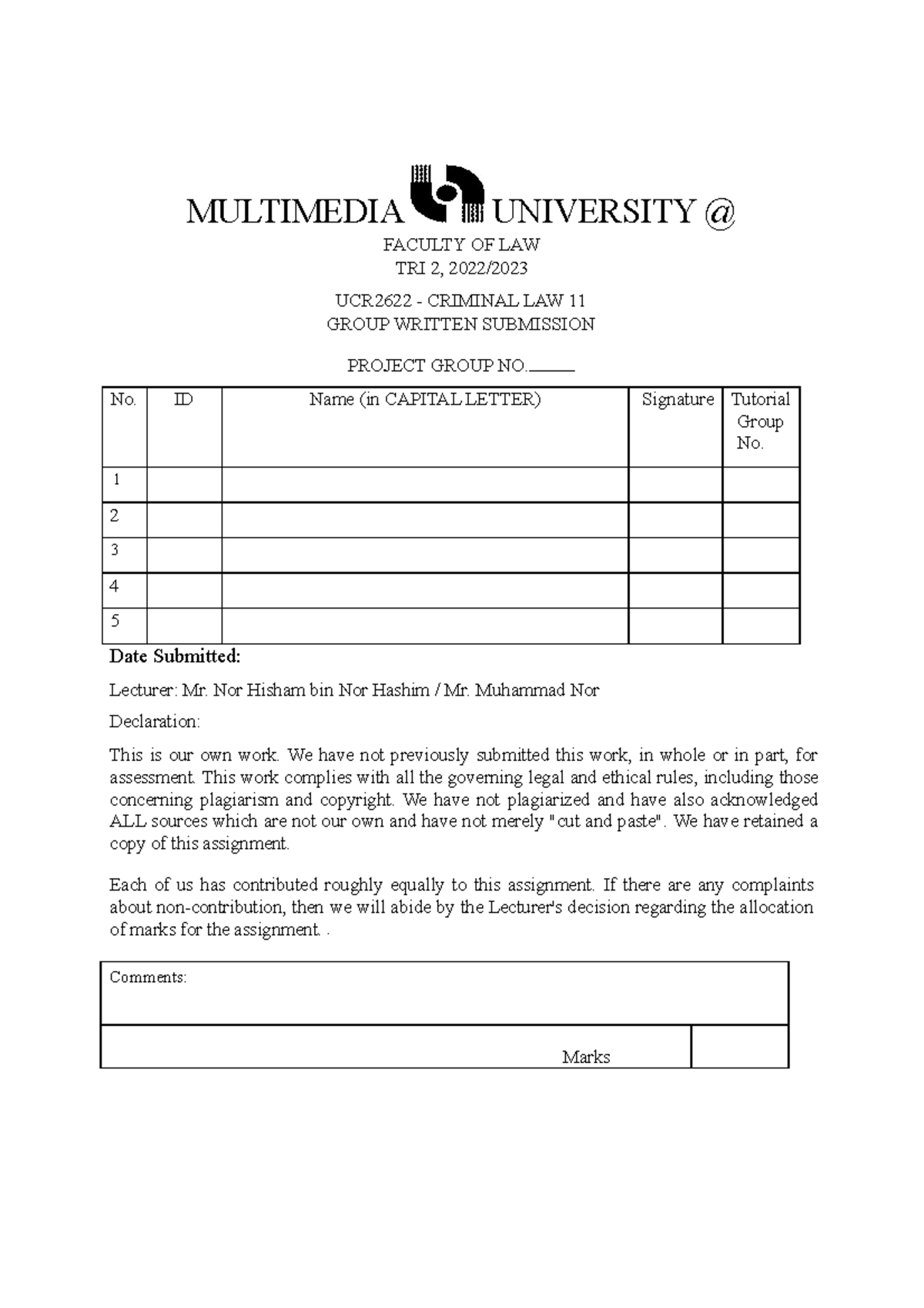 UCR2622 Cover PAGE Project Paper - MULTIMEDIA UNIVERSITY @ FACULTY OF ...