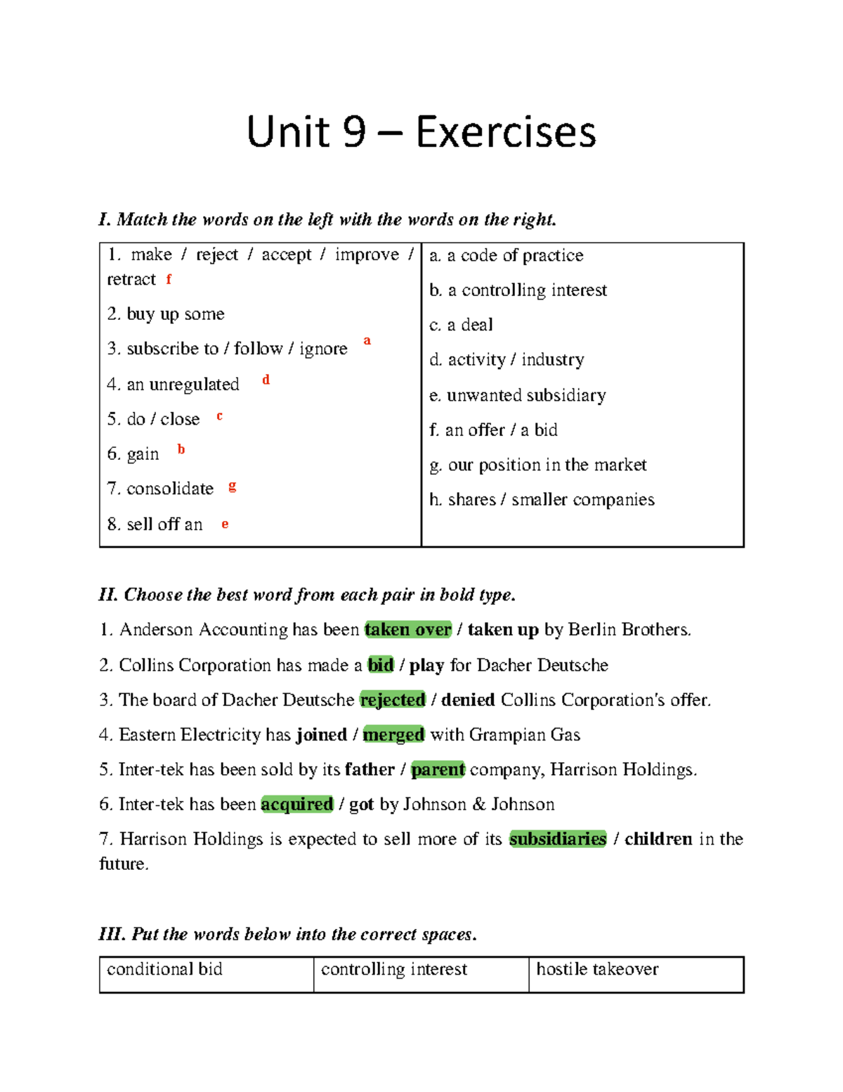 Unit 9 - Exercises to sts - Unit 9 – Exercises I. Match the words on ...