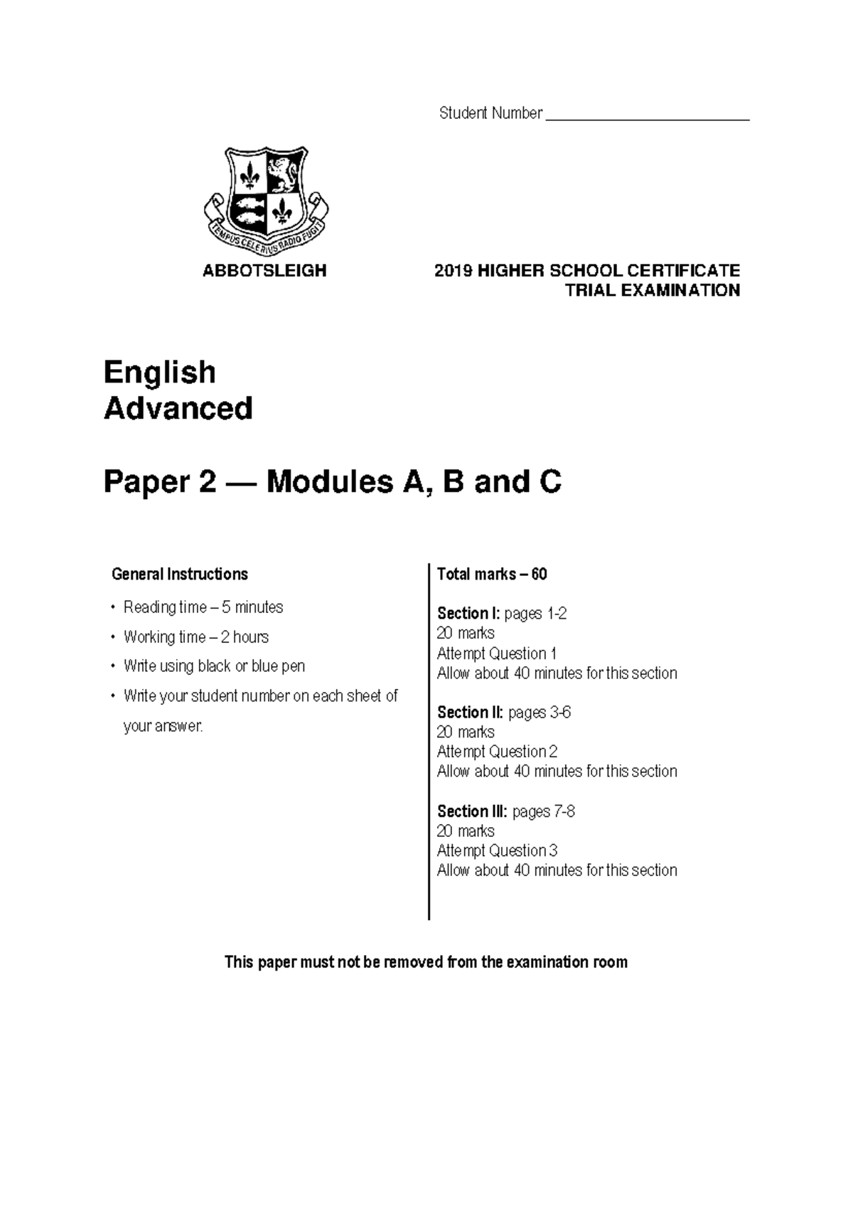 Abbotsleigh 2019 English Trial Paper 2 Advanced - Student Number