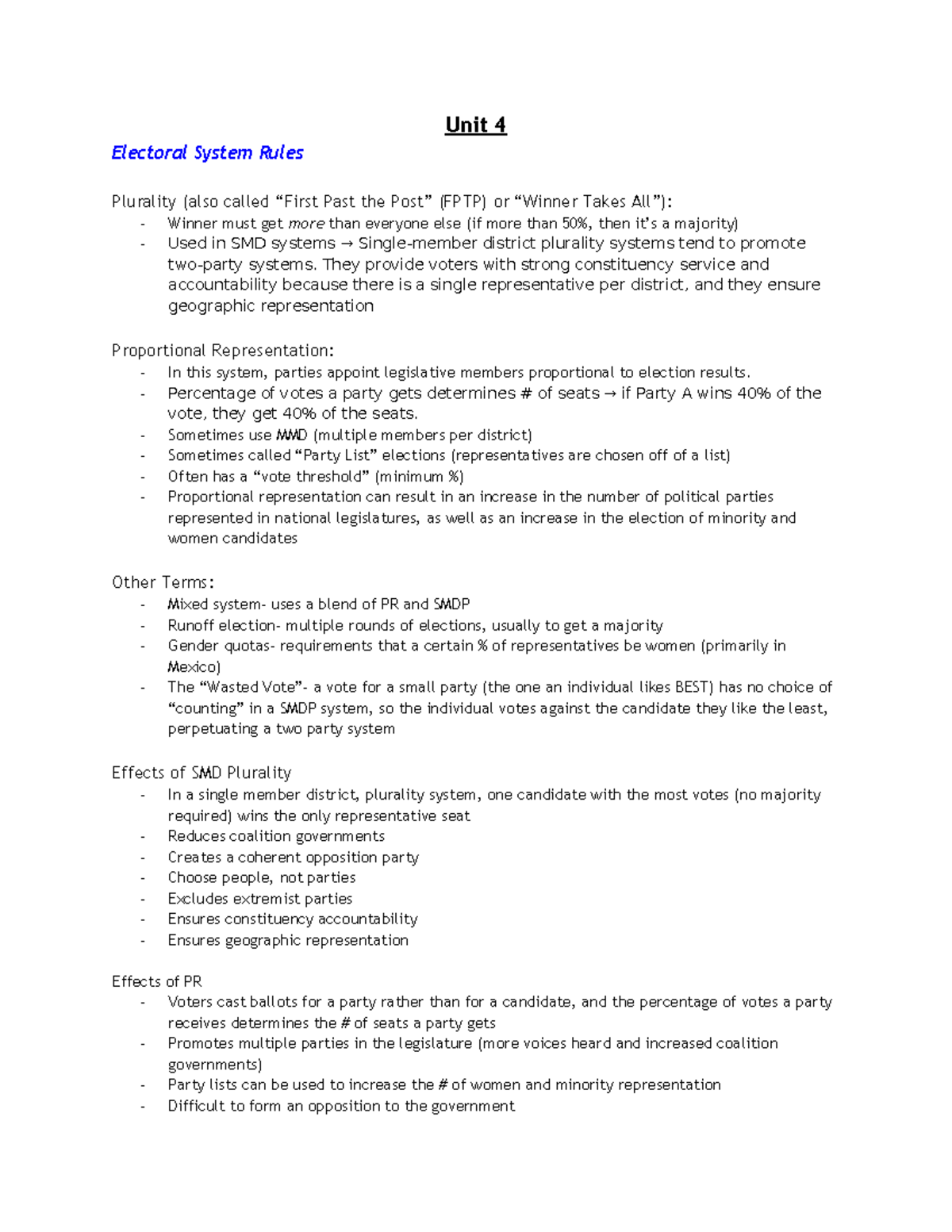 COGO UNIT 4 Study Guide - Unit 4 Electoral System Rules Plurality (also ...