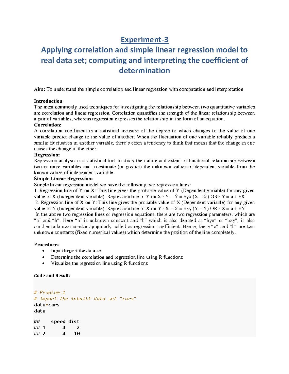 Experiment 3 - Experiment- Applying correlation and simple linear regression model to real data ...