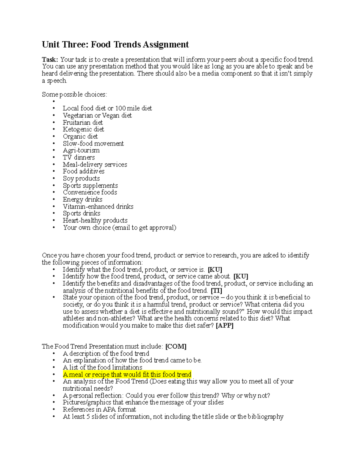 Food Trends Assginment and Rubric Jan 2024 - Unit Three: Food Trends ...