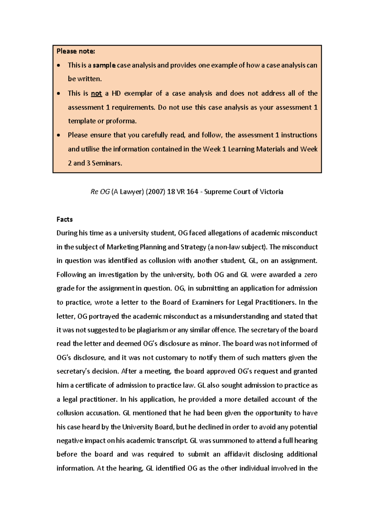 Case Analysis - Re OG - Please note: This is a sample case analysis and ...