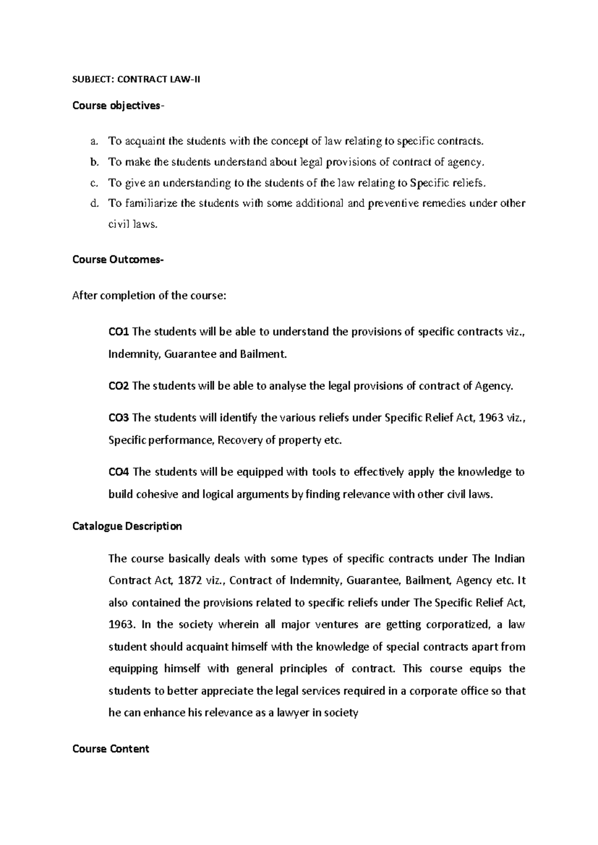 Contractlaw II - NOTS OF LAW OF contract - SUBJECT: CONTRACT LAW-II ...