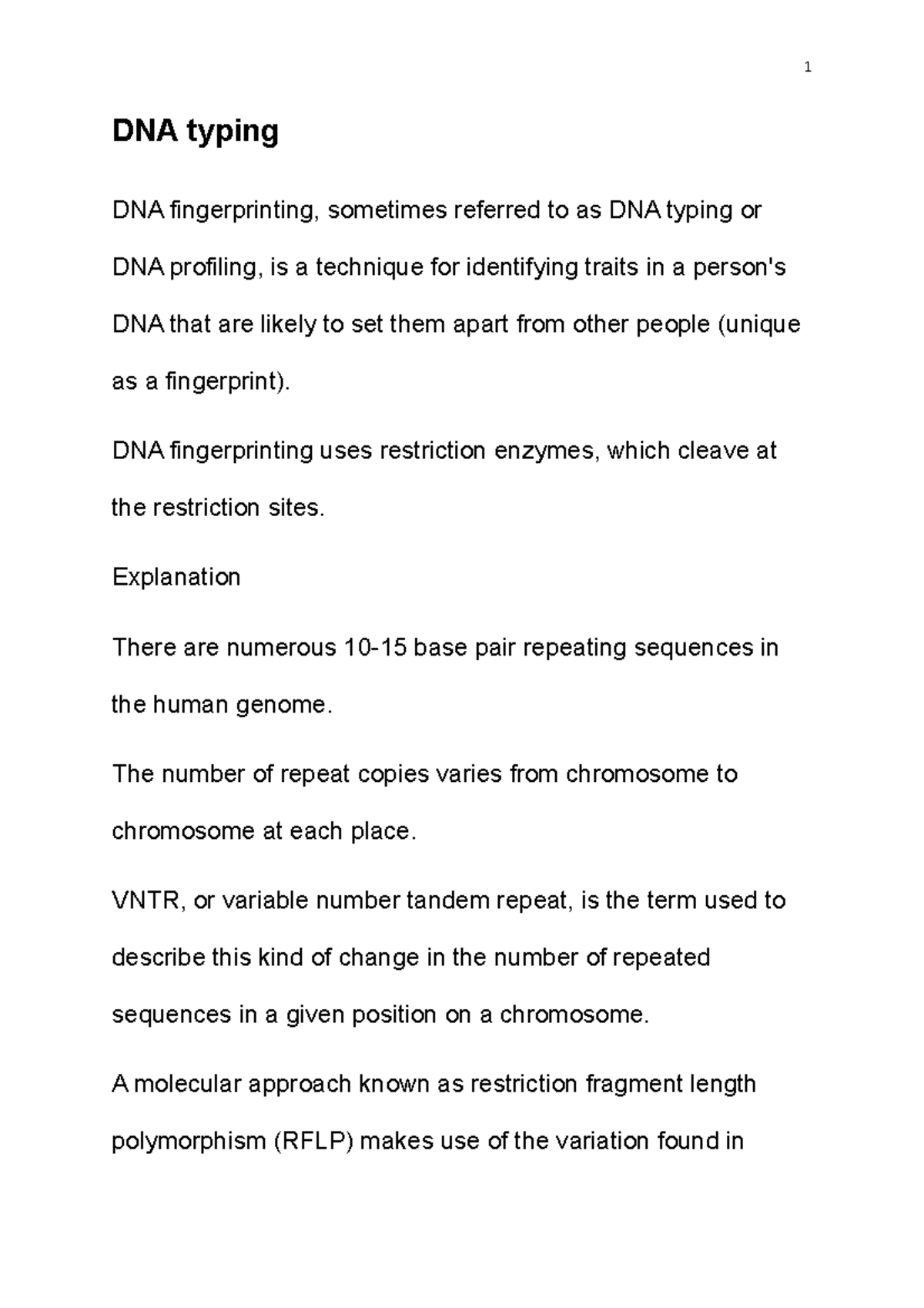 Introduction - Hiren Patel - 1 DNA typing DNA fingerprinting, sometimes ...