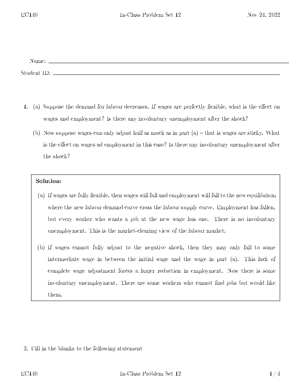 EC 140 In-class Problem Set 12 (soln) - ♠ t ♥t ♣♣♦s t ♠ ♥ ♦r ♦ r - Studocu