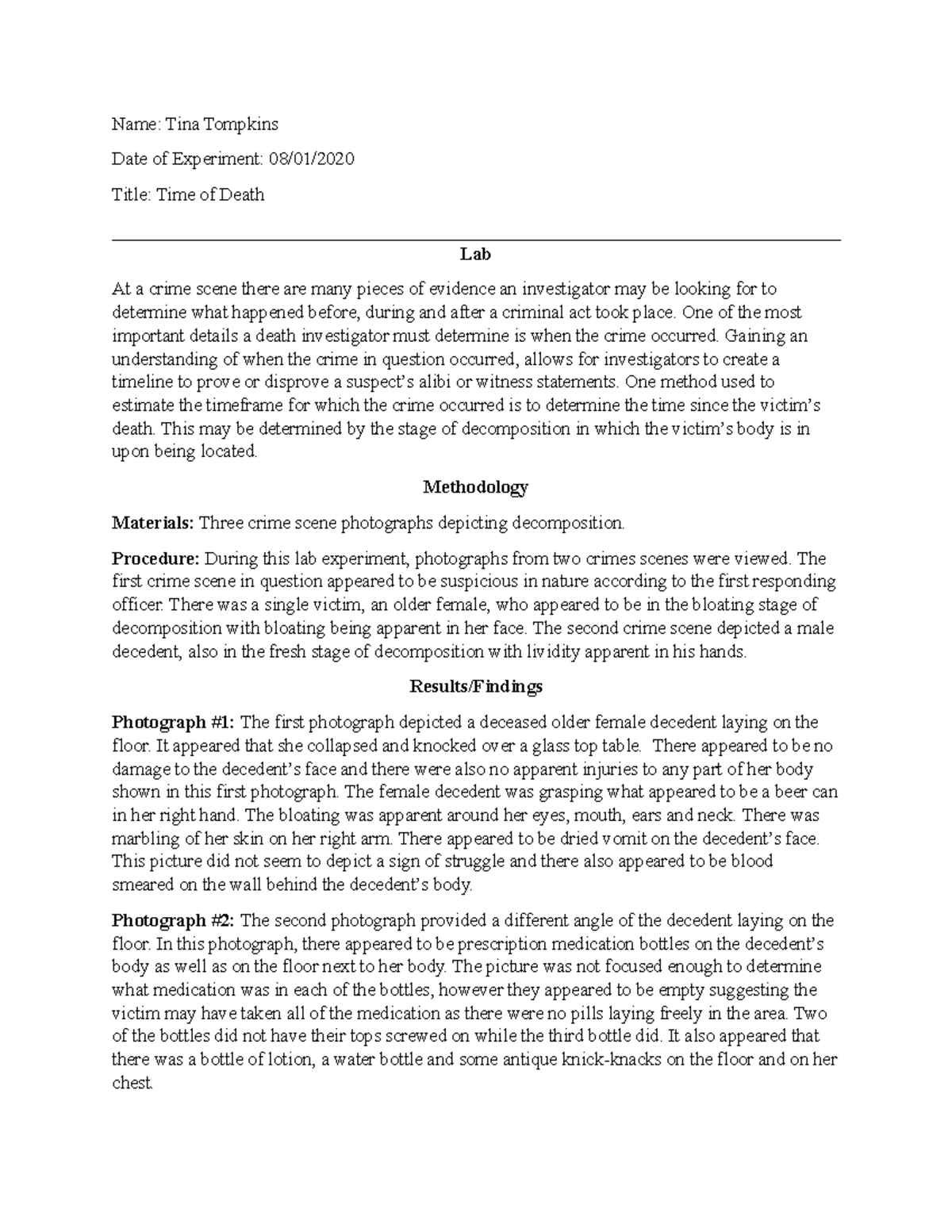 Tompkins Lab 2 - Lab 2 - Name: Tina Tompkins Date of Experiment: 08/01 ...