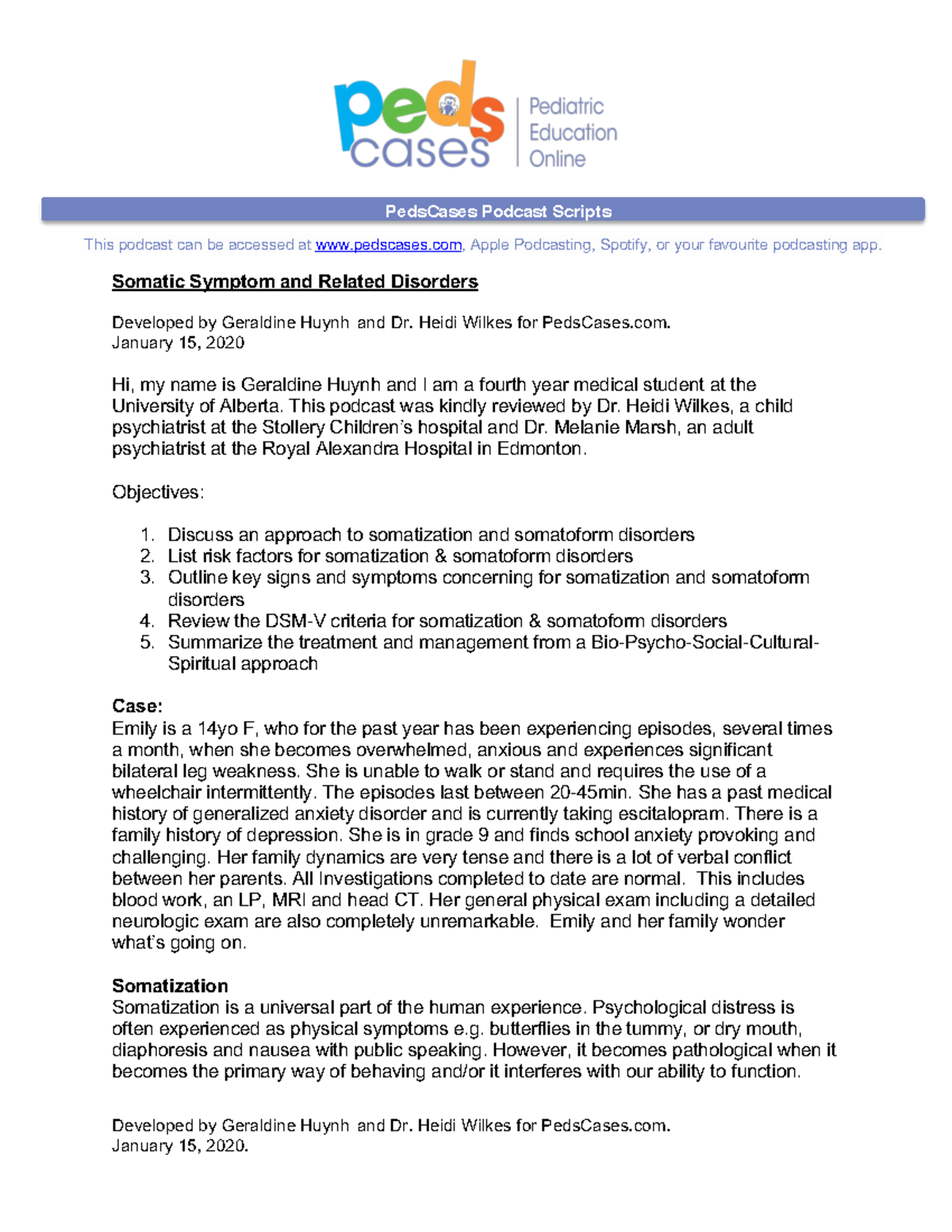 Somatic Symptom and Related Disorders Script - Developed by Geraldine ...