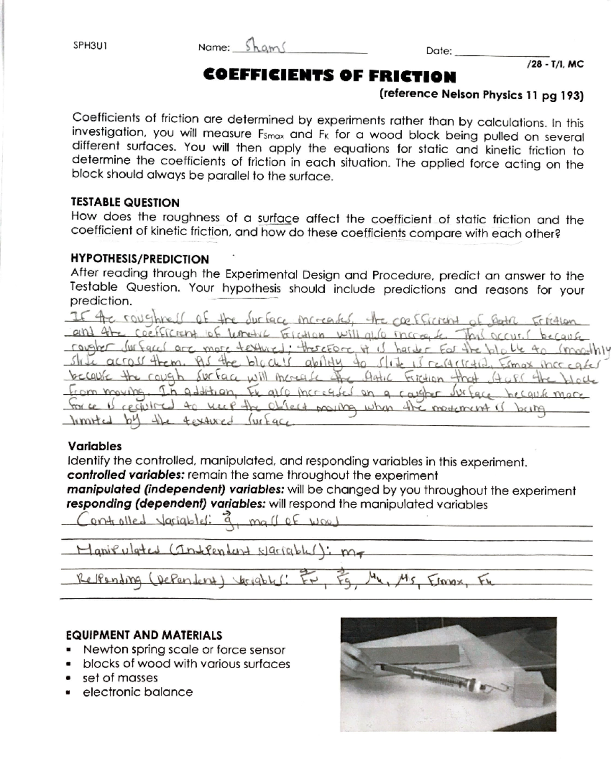 LAB Coefficients of Friction Shams - Studocu