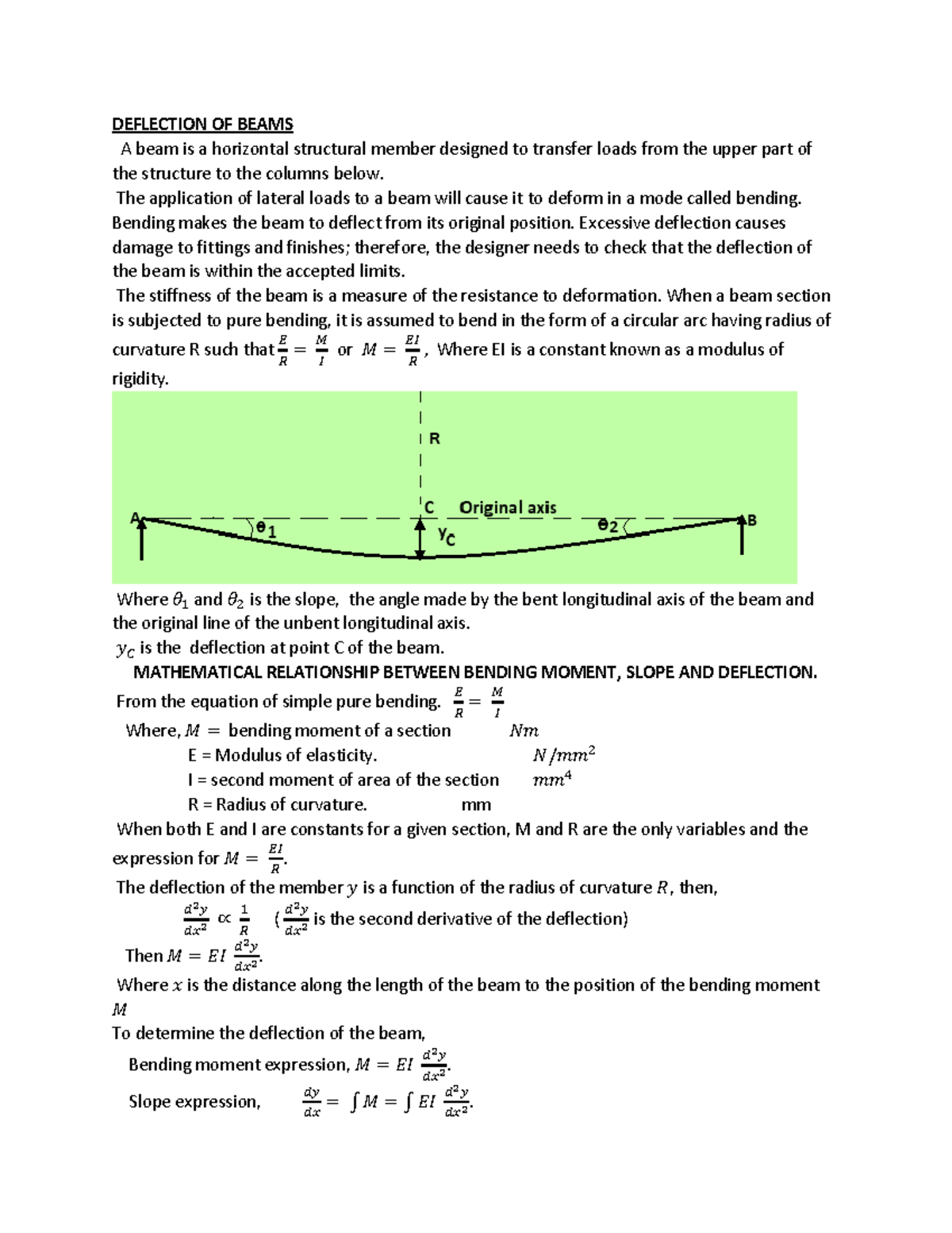 Deflection OF Beams 1-2 - DEFLECTION OF BEAMS A beam is a horizontal ...