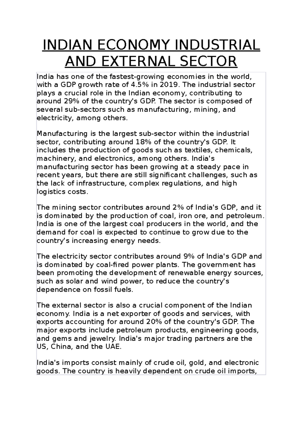 Indian Economy Industrial AND External Sector - INDIAN ECONOMY ...