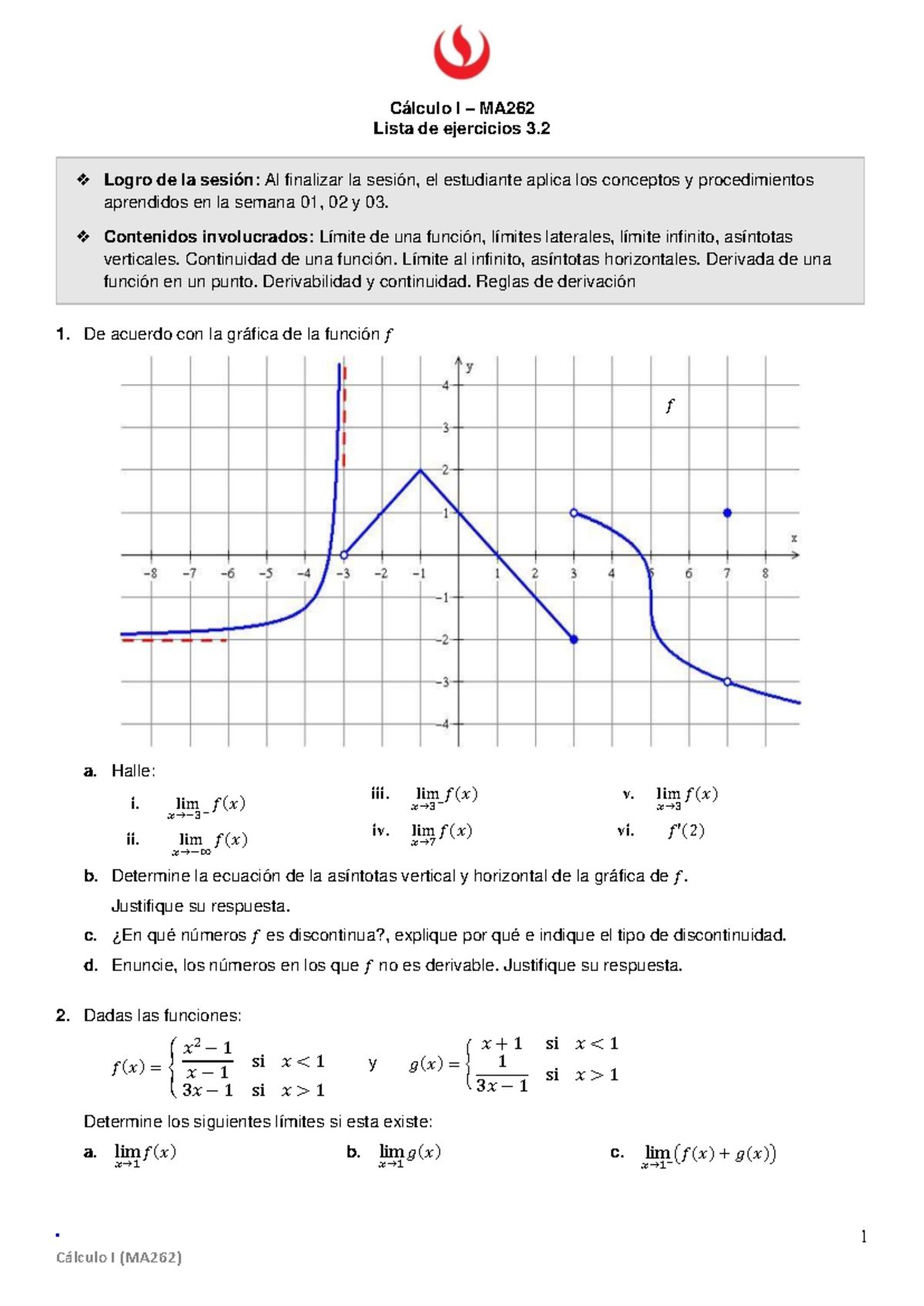 MA262 Lista de ejercicios Sesión 3 - 1 Cálculo I (MA262) Cálculo I – MA Lista de ejercicios 3 ...