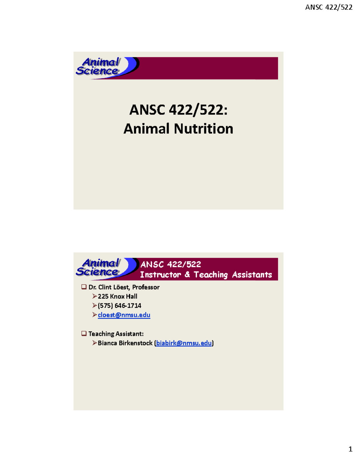 ANSC422 Topic 00 F22 Course-Intro - ANSC 422/522: Animal Nutrition ANSC 422/ Instructor & - Studocu