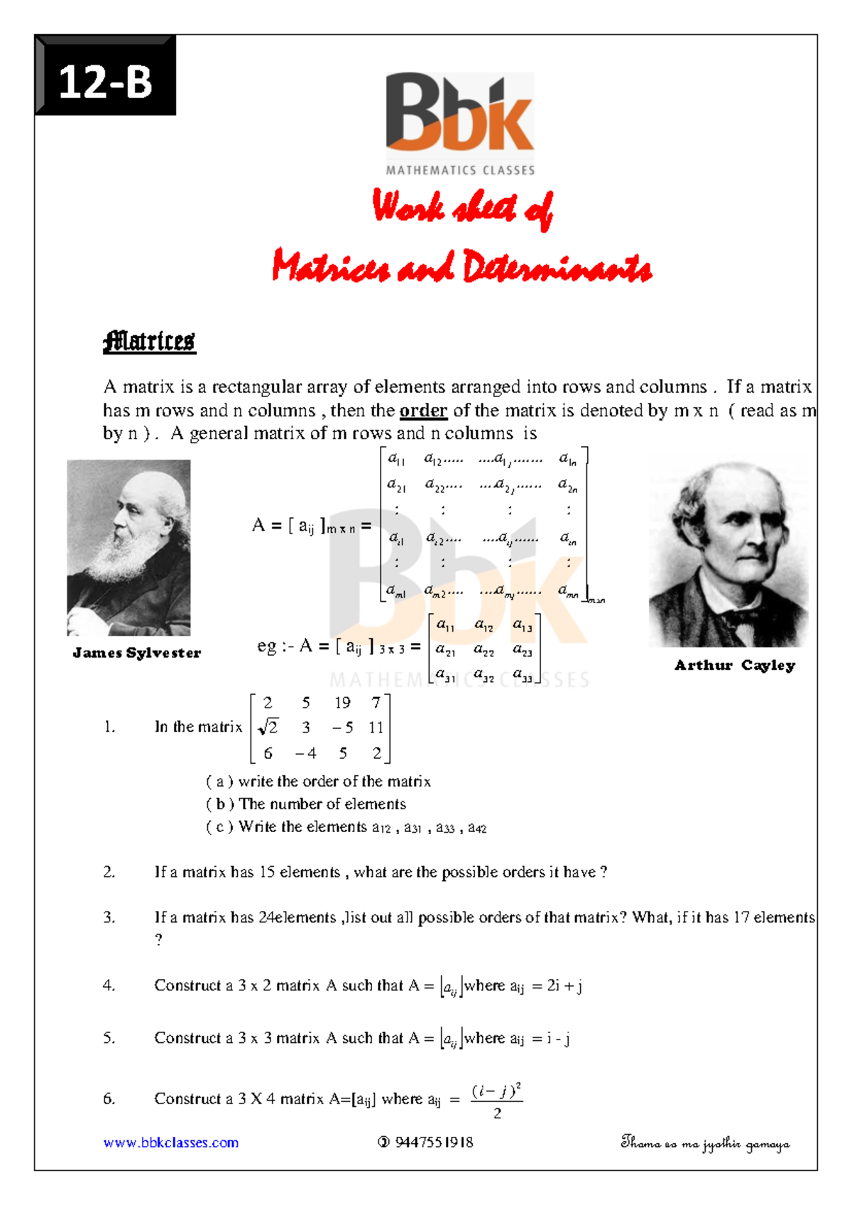 12-worksheet of matrics and determinants- (2) - Work sheet of Matrices ...