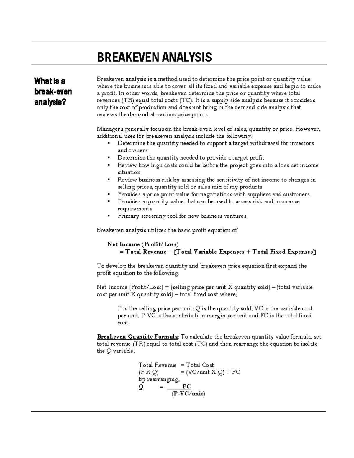 Breakeven Fact Sheets - BREAKEVEN ANALYSIS What is a break-even ...