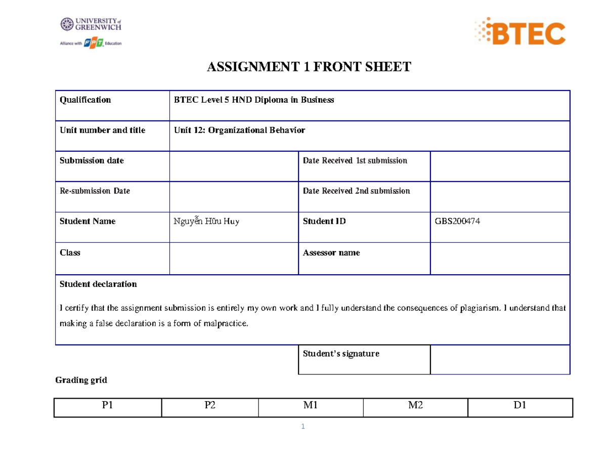 525 ASGM1 - This is the asm 1 of OB - ASSIGNMENT 1 FRONT SHEET ...